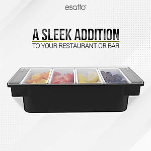 Esatto Bar Products Condiment Holder for Serving Container Chilled Garnish Tray with Lid for Bar Caddy, 4-1 Pint Inserts, With Added 12 Liquor Bottle Pourers, and 12 Pourer Covers - Black