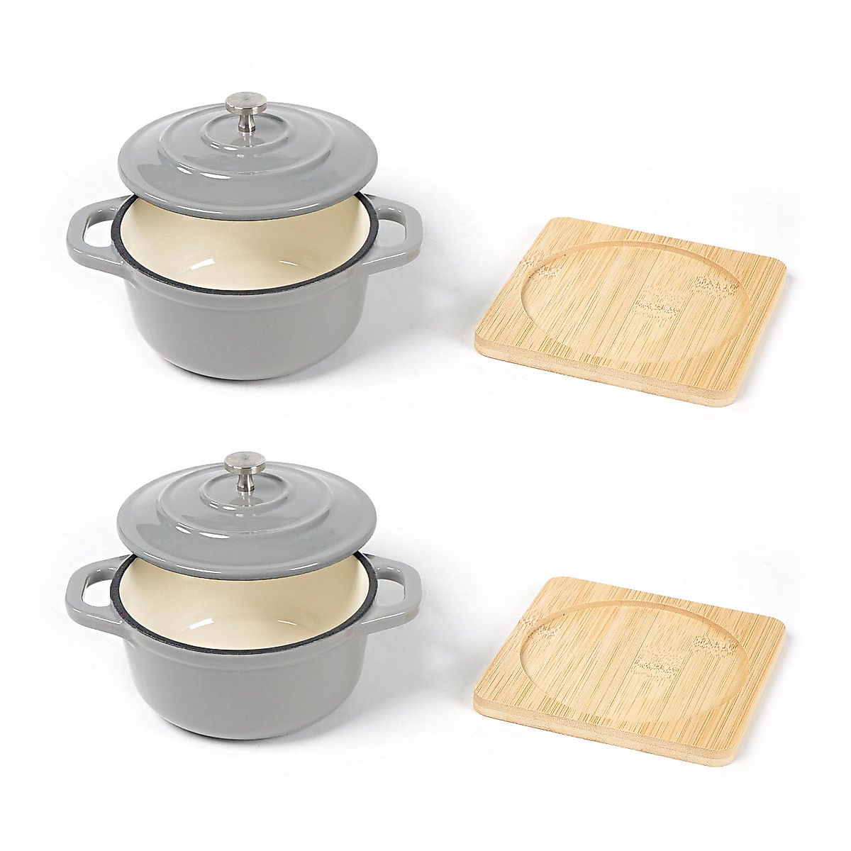 Enameled Cast Iron Mini Round Cocotte Set, 0.5QT Mini Dutch Ovens with Lids and Bamboo Trays, Dia.4.8 inch, Set of 2, Grey