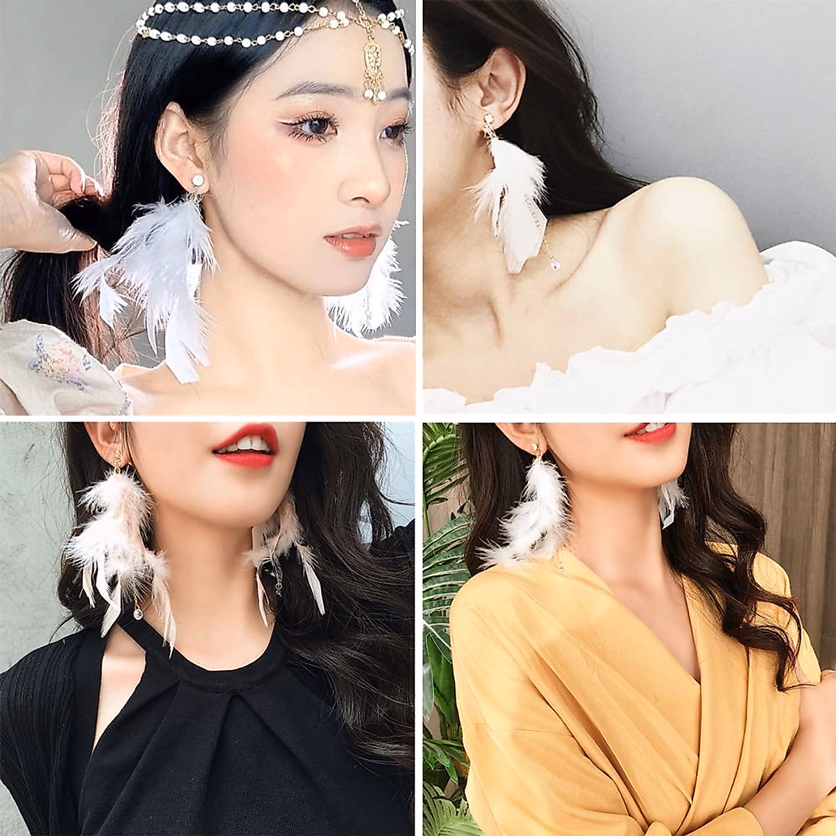 Jemant White Feather Earrings For Women Boho Style Long Faux Pearl Tassel Chain Cubic Zirconia Dangle Drop Aesthetic Elegant Black Feather Earrings For Bride Mothers Wife (White)