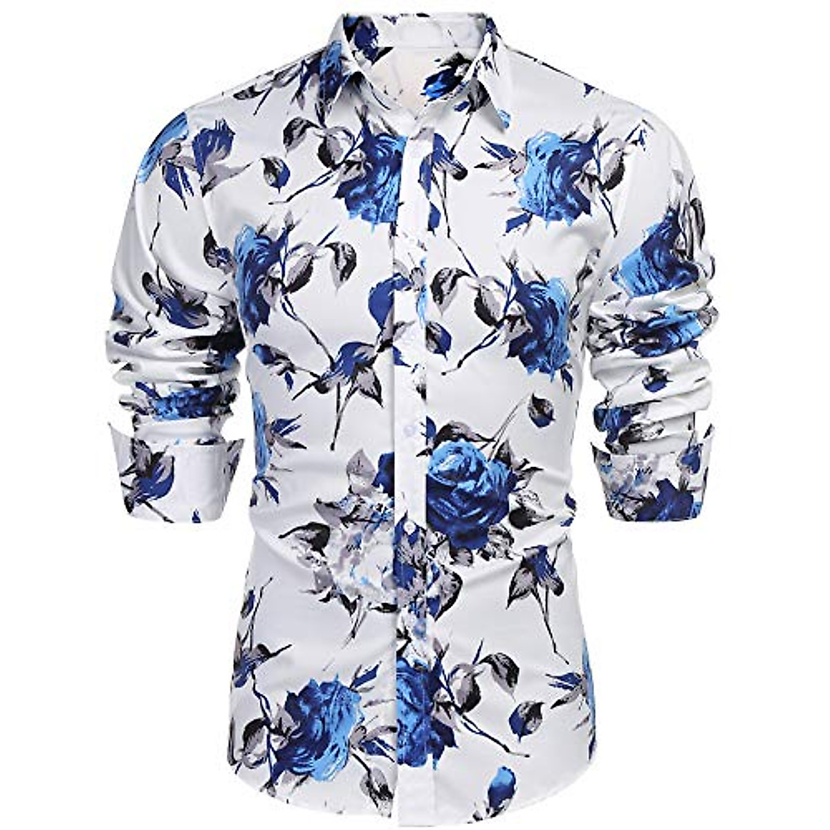 COOFANDY Men's Long Sleeve Dress Shirt - Casual Button Down (White & Blue, Large)