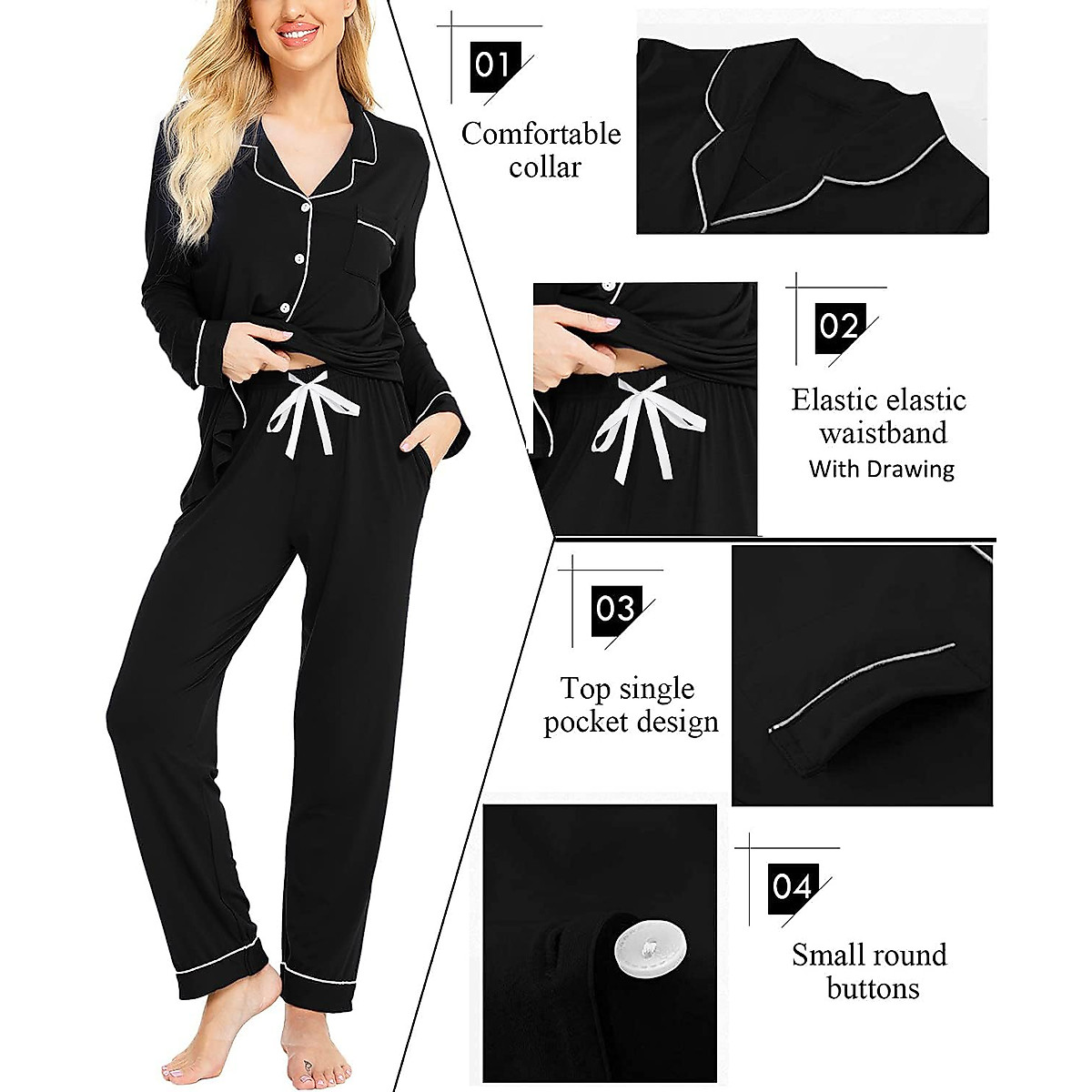 SWOMOG Womens Pajamas Set Long Sleeve Sleepwear Button Down Nightwear Soft Cotton Pj Lounge Sets with Pockets Black