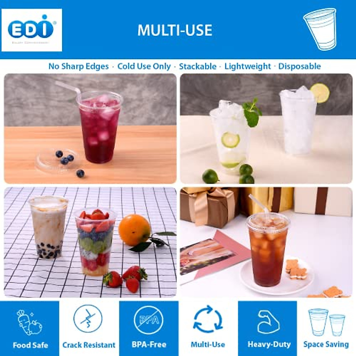 EDI [20 oz. - 100 Sets] Crystal Clear Disposable PET Plastic Cups with Flat Lids and Straws