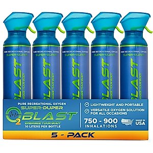 O2 Blast 95-99% Pure Oxygen, 10 Liter Portable Can 5 Pack with Custom Breathing Mask, Increase Stamina & Reduce Recovery Time, Ideal for High Altitude & Sports Recovery