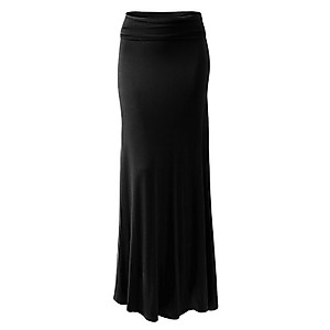 URBAN K Womens Basic Foldable High Waist Regular and Plus Size Maxi Skirts Black