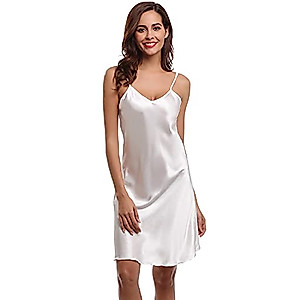 Litherday Women's Silk Nightgown Satin Slip Spaghetti Strap Chemises Sleepwear Sexy V Neck Nightwear Sleepshirt White Medium