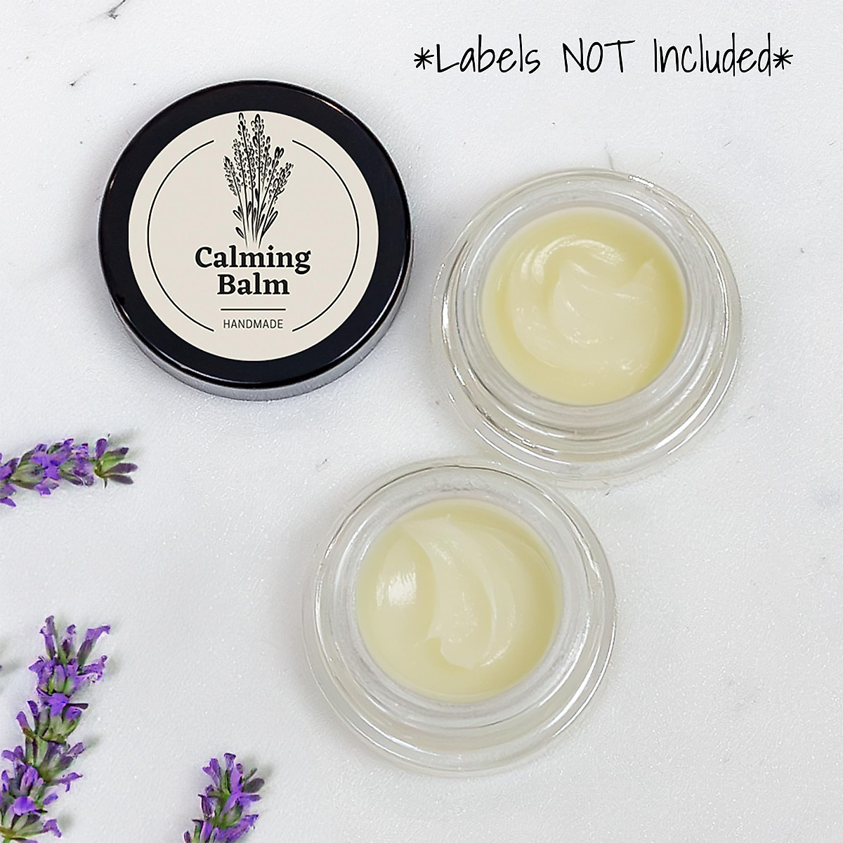 Cornucopia Brands 7-Milliliter Clear Glass Balm Jars (12-Pack); 1/4 oz Cosmetic Jars w/Lined Black Plastic Lids