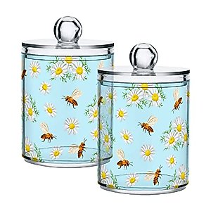 MNSRUU 2 Pack Qtip Holder Organizer Dispenser Daisies and Honey Bees Bathroom Storage Canister Cotton Ball Holder Bathroom Containers for Cotton Swabs/Pads/Floss