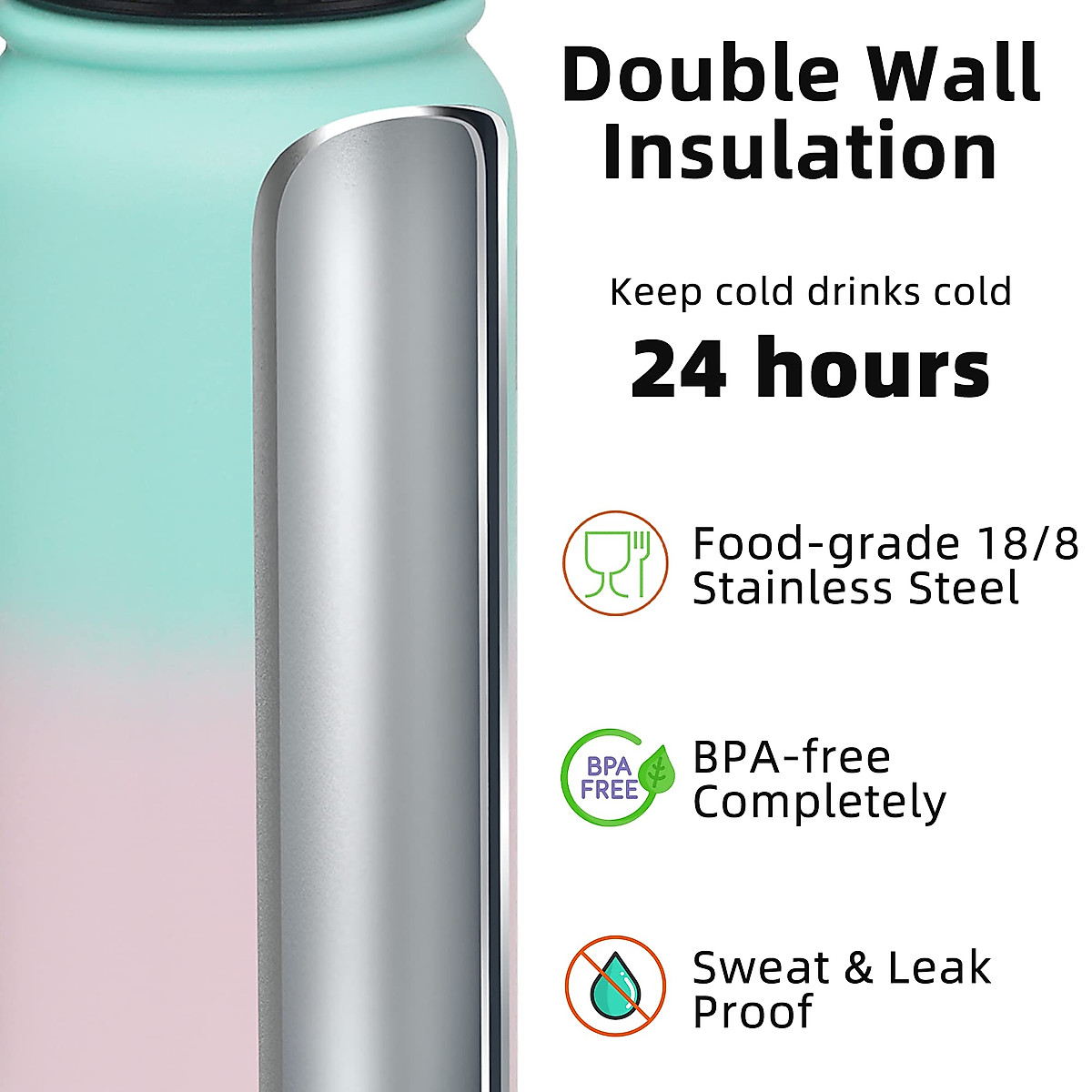 Fanhaw 20 Oz Insulated Stainless Steel Water Bottle with 1 Lid (Chug Lid) - For Kids, Women, Men | Leak & Sweat Proof with Anti-Dust Lid (Green Pink)