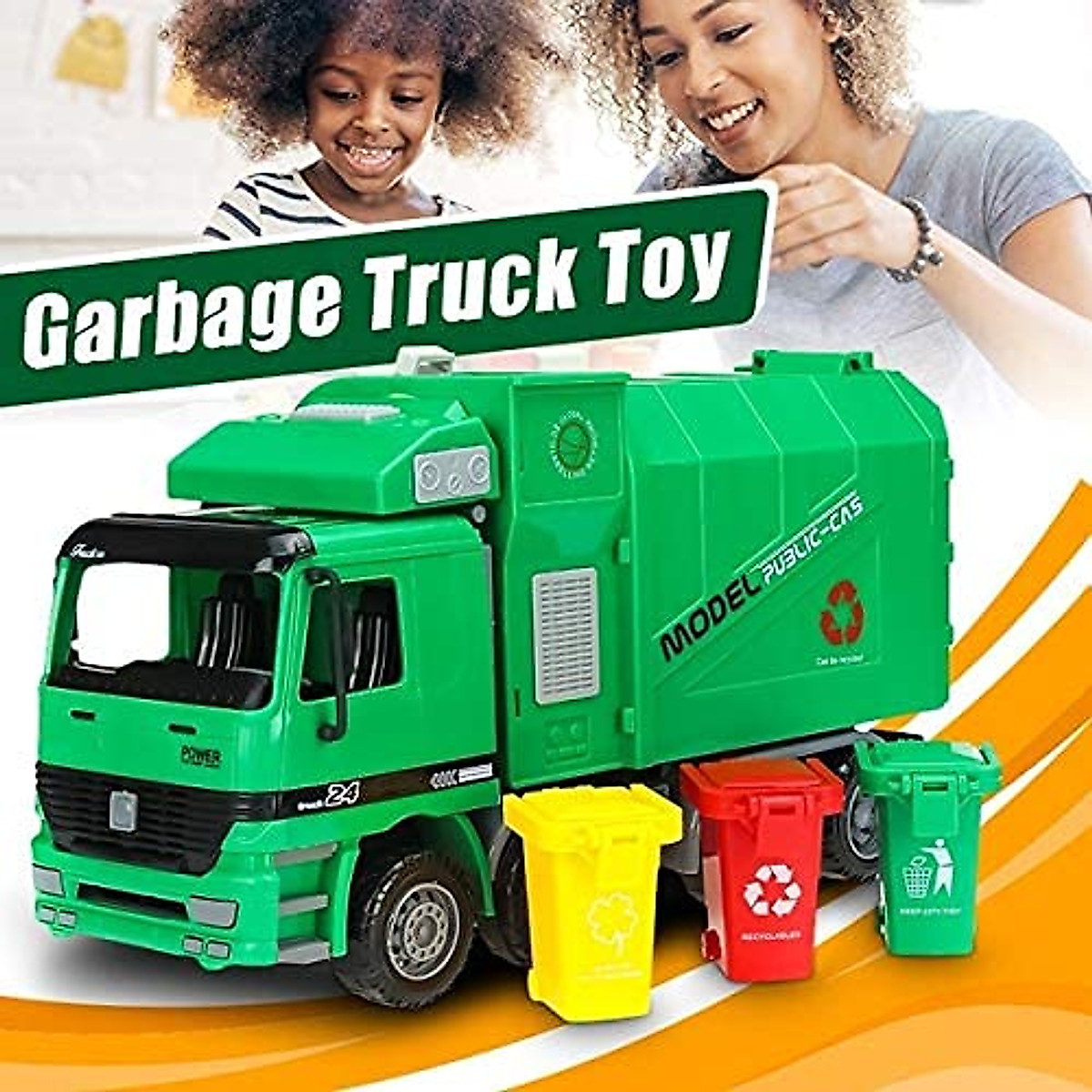 Liberty Imports Kids 14" Garbage Truck Toy, Large Friction Powered Sanitation Waste Management Truck Play Vehicle with Side Loading and Back Dump