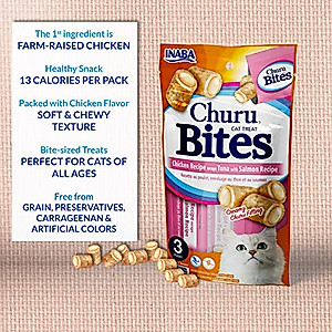 INABA Churu Bites for Cats, Grain-Free, Soft/Chewy Baked Chicken Wrapped Churu Filled Cat Treats with Vitamin E, 0.35 Ounces Each Tube| 24 Tubes Total (3 per Pack), Tuna with Salmon Recipe