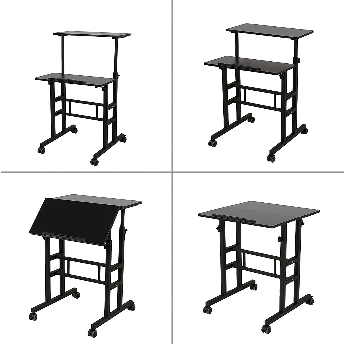 SDADI 2 Inches Carpet Wheels Mobile Desk Stand Up Height Adjustable Home Office with Standing and Seating 2 Modes for Room, Black