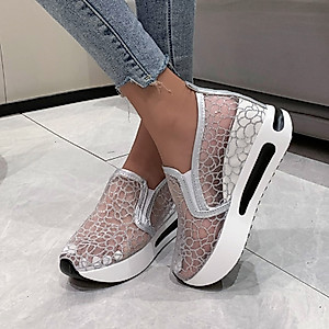 Hbeylia High Heeld Wedge Sneakers for Women Fashion Embroidery Floral Mesh Air Comfort Hidden Chunky Sole Slip On Loafers Breathable Walking Work Shoes with Arch Support for Casual and Daily Wear