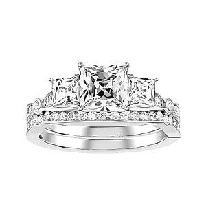 1.7 CT 3-Stone Princess Cut Bridal Set Moissanite engagement rings for women 10K 14k 18K gold ring Platinum Plated Silver Princess moissanite rings 4108