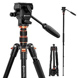 GEEKOTO Video Tripod Fluid Head,Professional Camera Tripod for DSLR,Monopod Aluminum 77" for Video Camcorder Canon Nikon Sony with 1/4" Screws Fluid Drag Pan Head,Load Capacity up to 20 Pounds