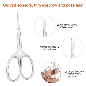 Nose Hair Scissors, Ear Hair Facial Hair Scissors, Eyebrow Grooming Scissors, Stainless Steel Small Beauty Trimming Scissors, Curved and Rounded Scissors, Mirror, Travel Case, Tweezer, Men and Women
