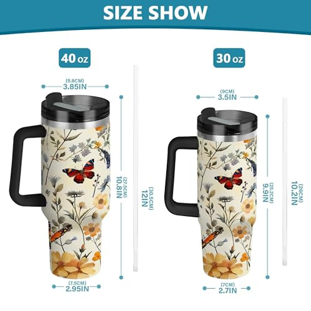 FRCSDIY Beautiful Flowers Insulated Tumbler with Handle and Straw Lid,30oz Leakproof Stainless Steel Cup BPA-Free Water Bottle