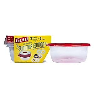 Glad Food Storage Containers, GladWare Summer Edition with Reversible Lid Inserts – 3 Ct Large Round Containers & Lids, 48oz Microwave-Safe, Freezer-Safe, Dishwasher Safe