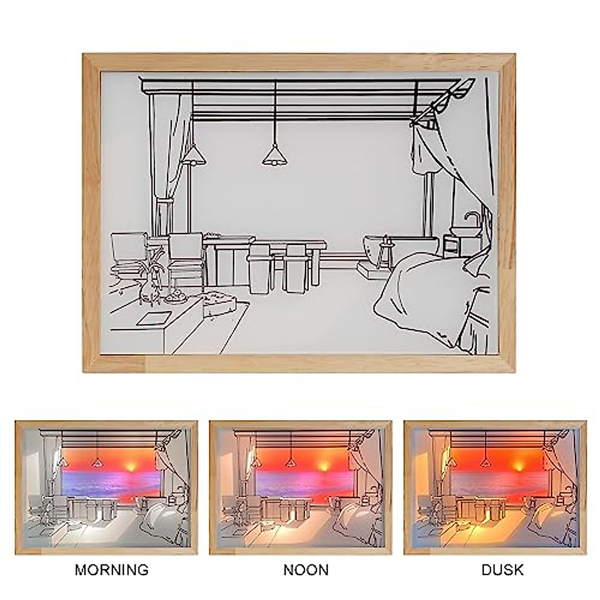 JANARARY Decorative Lamp on Desk, Warm Seaside Design Desktop Illustration Light, USB Low Power Desk Lamp with Morning/Afternoon/Sunset 3 Modes