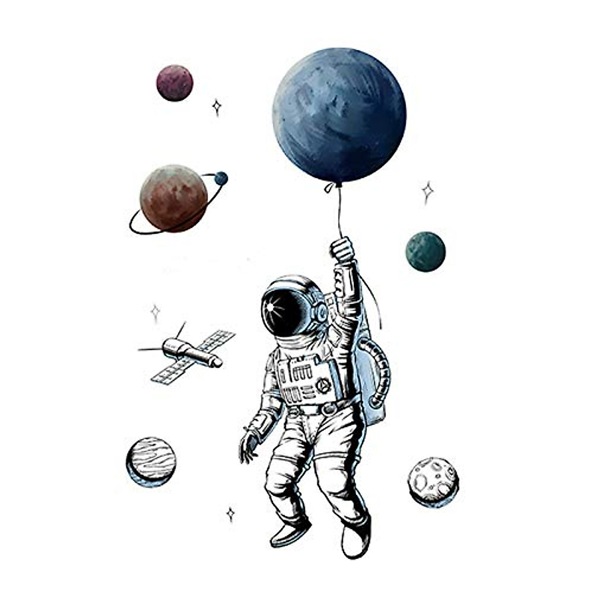 Astronaut Wall Mural Decals,3D Planet Universe Galaxy Outer Space Wall Stickers, Peel and Stick Removable Space Capsule Window Wall Stickers for Kids Nursery Bedroom Living Room (Space Walker)