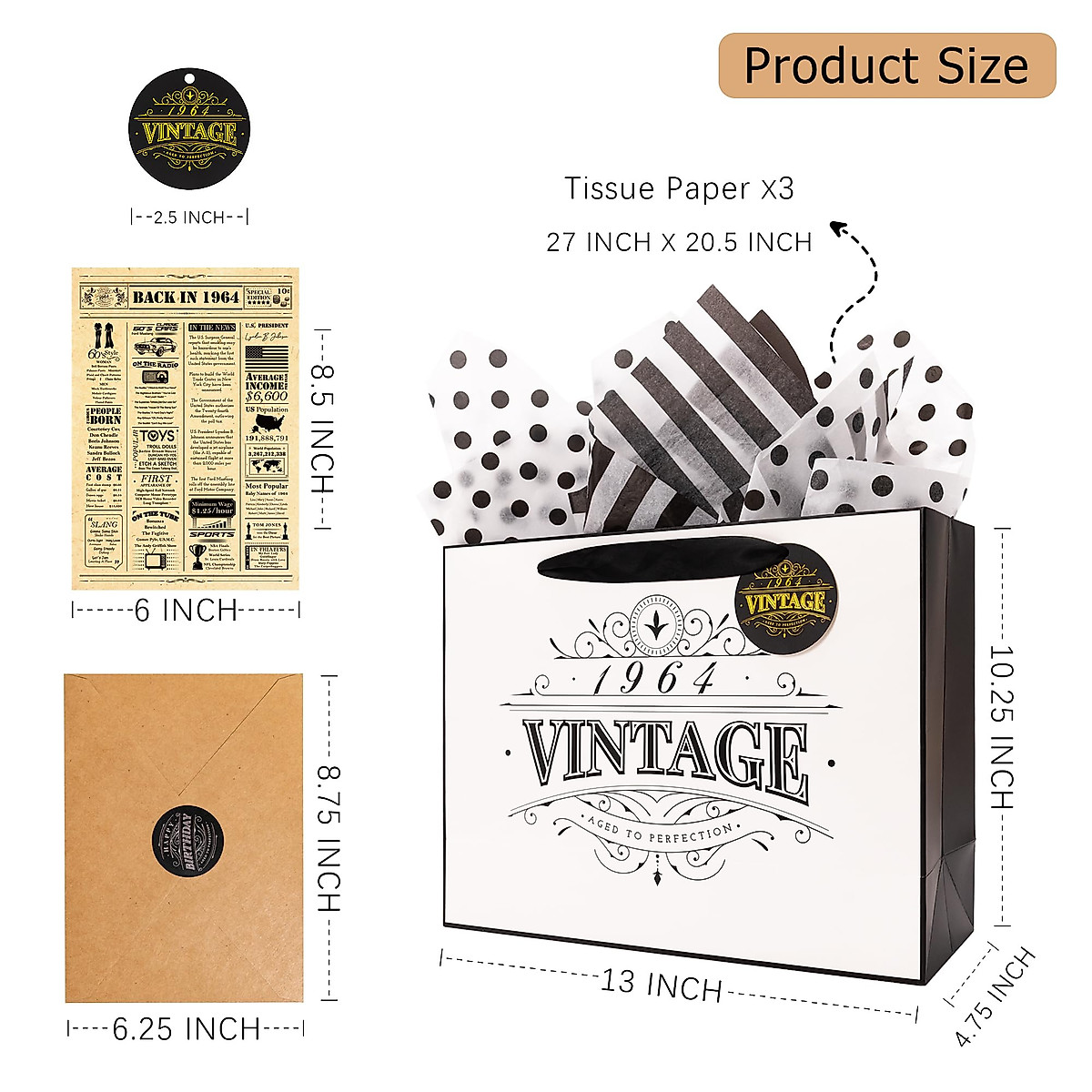 Crisky 60th Birthday Gift Wrap Bag Vintage 1964 with 60th Birthday Card Matching Envelope Sticker and Tissue Paper for Women/Men/Wife/Husband/Mom/Dad, 13" x 10" x 5"