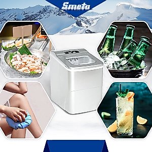 SMETA Bullet Pebble Ice Maker Machine Countertop, Chewable Nugget Ice Chip Maker Crushed Ice Machine Soft Chewy Ice Cubes Quick in 6-10mins, 26lbs/24H with Ice Scoop for Gift, Stainless Steel Silver
