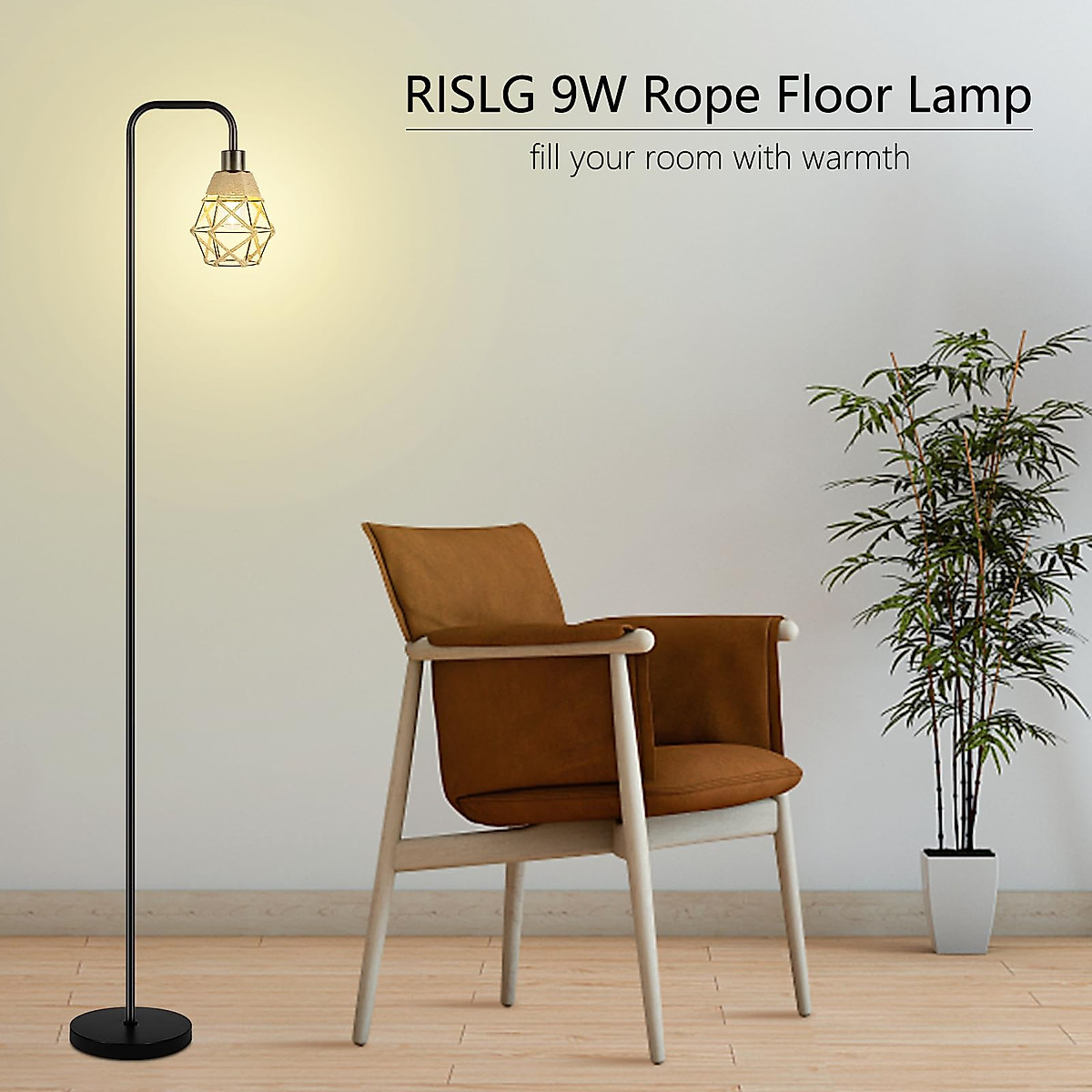 Floor Lamp, Standing Lamp with 9w Led Bulb, ETL Certified E26 Socket, Hemp Rope Design for Decorative Lighting, Modern Tall Lamp for Bedroom, Kids Room, Reading, Dorm