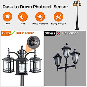 PARTPHONER Dusk to Dawn Outdoor Lamp Post Lights, Black Light Pole with Clear Glass Panels (3 LED Bulbs Included), 3-Head Hardwired Waterproof Outside Street Lights for Backyard Garden Driveway