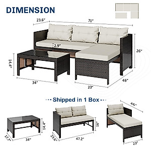 Meilocar Patio Furniture Set 3 Pieces, Outdoor Patio Sectional Sofa, Weaving Wicker Rattan All Weather Patio Seating Sofas with Cushion and Glass Coffee Table (Beige)
