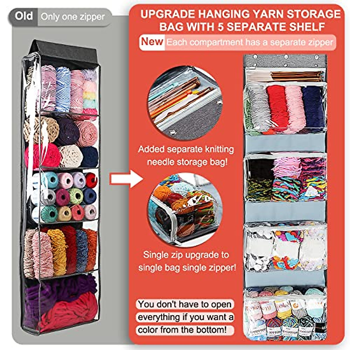 Coopay Yarn Storage Hanging Knitting Bag with 3 Hooks, Large Yarn Bag Organizer Dustproof Knitting Storage Organizer with 5 Separate Shelf, Closet Organizers and Storage for Knitting Crochet Supplies
