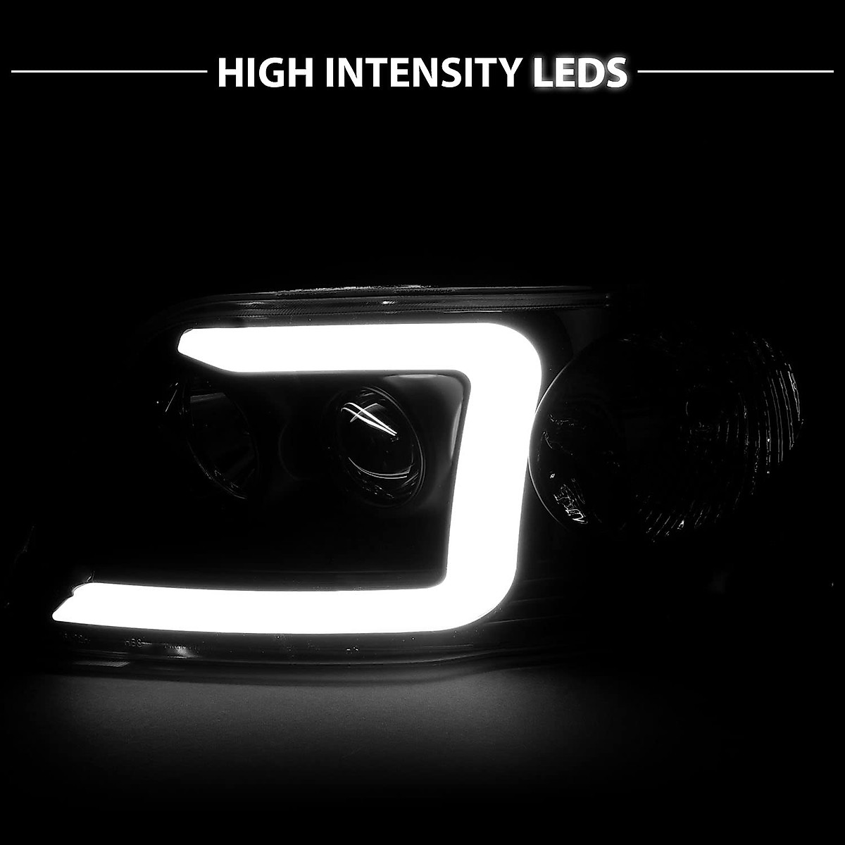 AmeriLite for 1997-2003 Ford F150 97-2002 Expedition Pickup Truck LED Tube Black Projector Replacement Headlights Set - Driver and Passenger Side