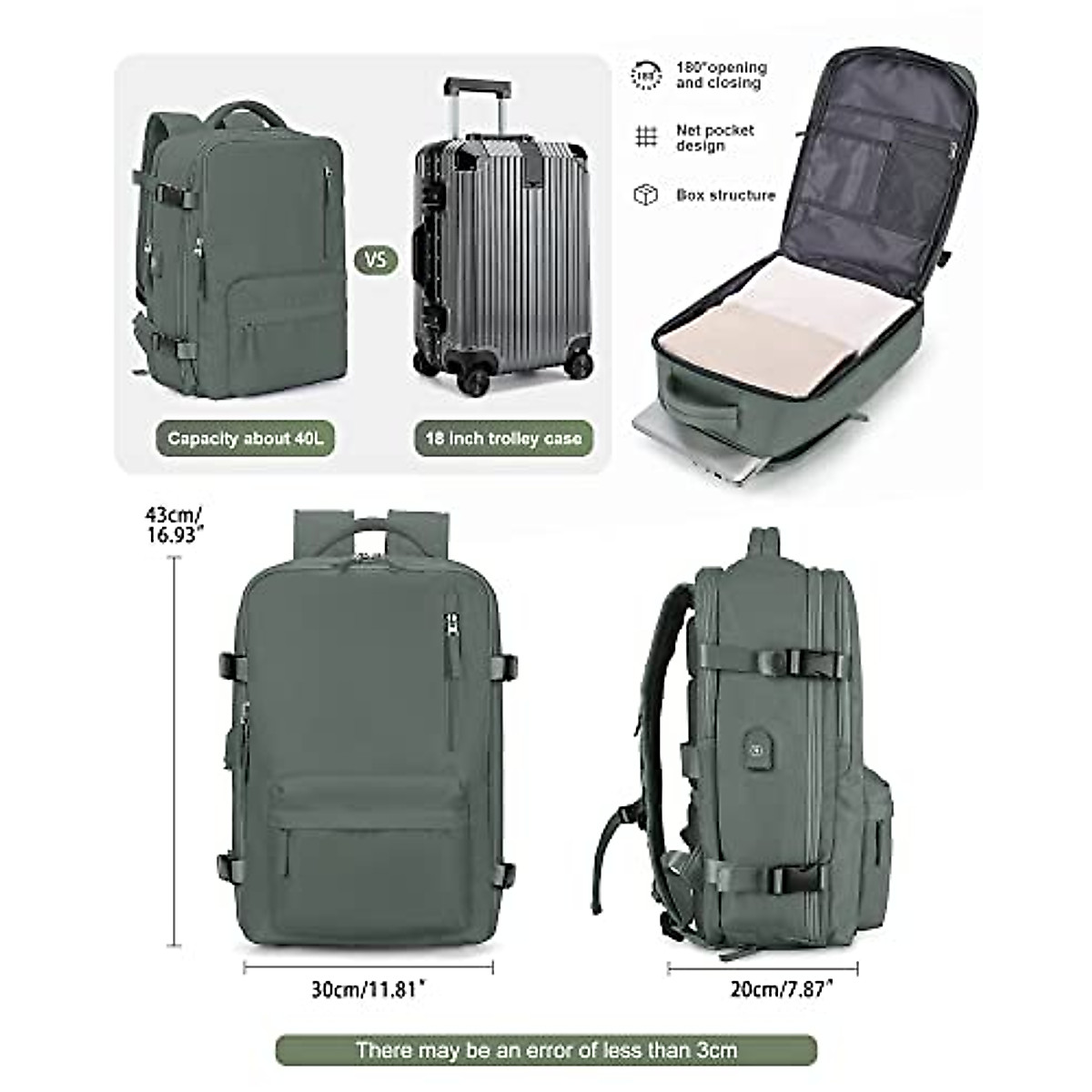 VGCUB Carry on Backpack,Large Travel Backpack for Women Men Airline Approved Gym Backpack Waterproof Business Laptop Daypack,Olive Green