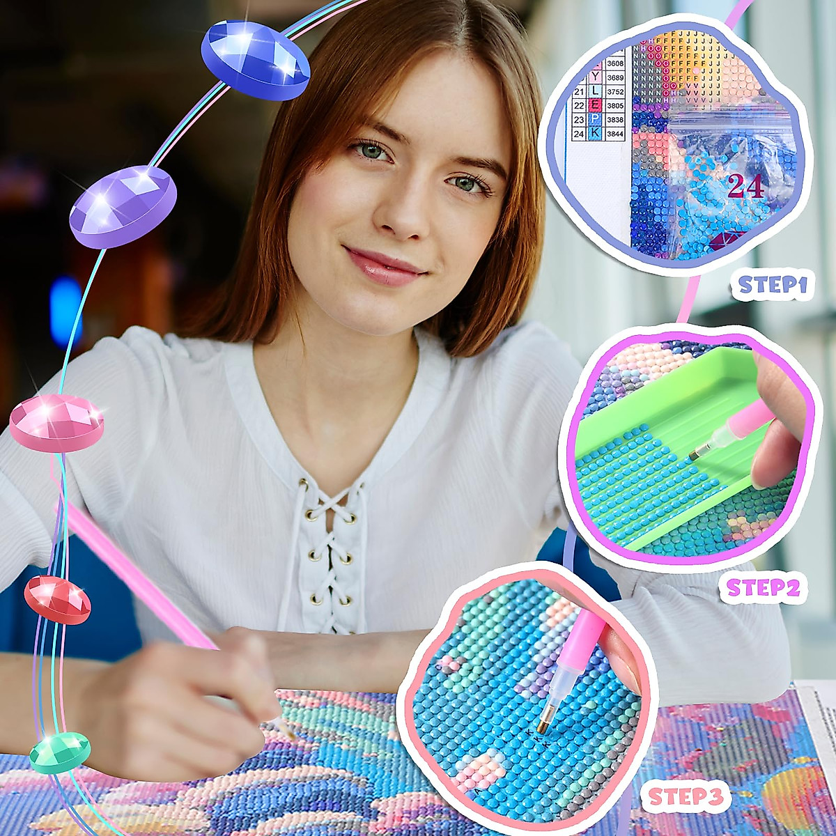 DIY 5D Diamond Painting Kits White Angel Wing Full Drill Round Diamond Art Paint by Number Kits for Beginner Crystal Cross Stitch for Wall Decoration 30x40cm