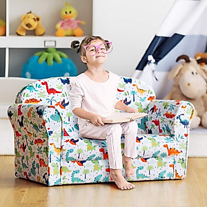 Costzon Kids Couch, Double Seat Children's Sofa w/Dinosaur Pattern, Comfortable Back, Easy to Move, Toddler Armrest Chair for Bedroom, Living Room, Soft Kids Sofa for Preschool Baby Boys Girls Gifts