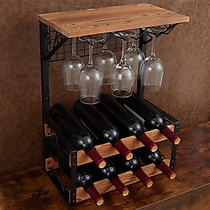 X-cosrack 2 Tier Solid Wood Wine Rack, Hold 8 Wine Bottles and 6 Glasses Countertop Wine Storage Stand, Freestanding Wine Holder Display Shelves for Kitchen, Pantry, Cellar, Bar