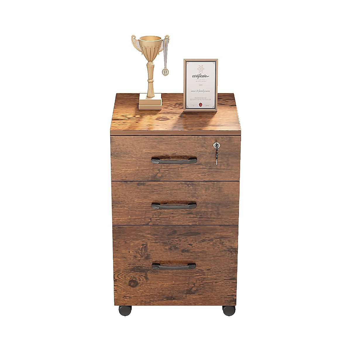 YQ JENMW 3 Drawers File Cabinet, Rolling Mobile Vertical Filing Cabinet with Lock, Wood Under Desk File Cabinet with Wheels for Supplies Files, and Materials,Mobile File Cabinet for Home Office,Brown