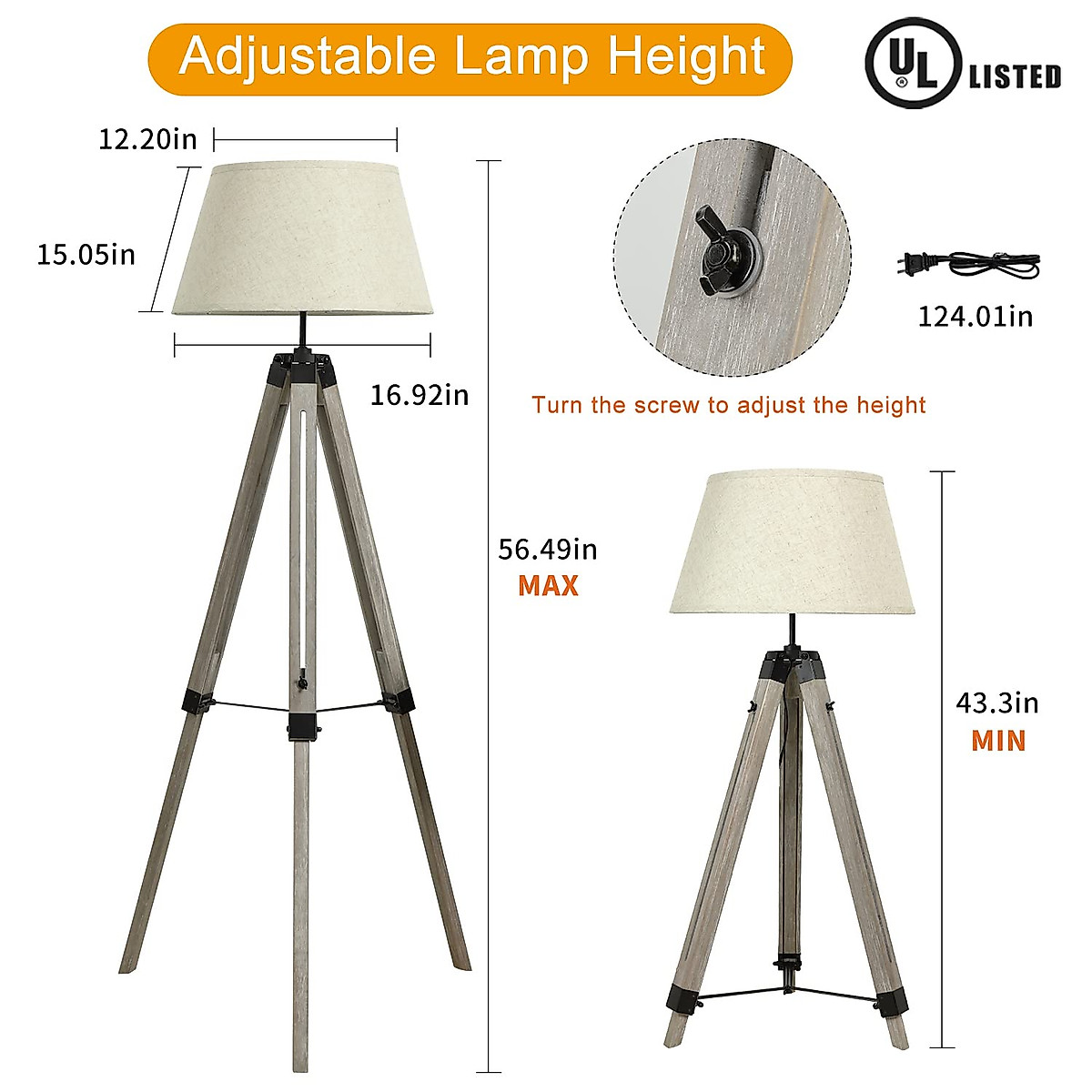 DINGLILIGHTING Led Tripod Floor Lamp Wood Mid Century Modern Reading Lamp,8W Rustic Standing Lamps Farmhouse for Living Room Bedroom Study Room and Office,Flaxen Lamp Shade with E26 Lamp Base