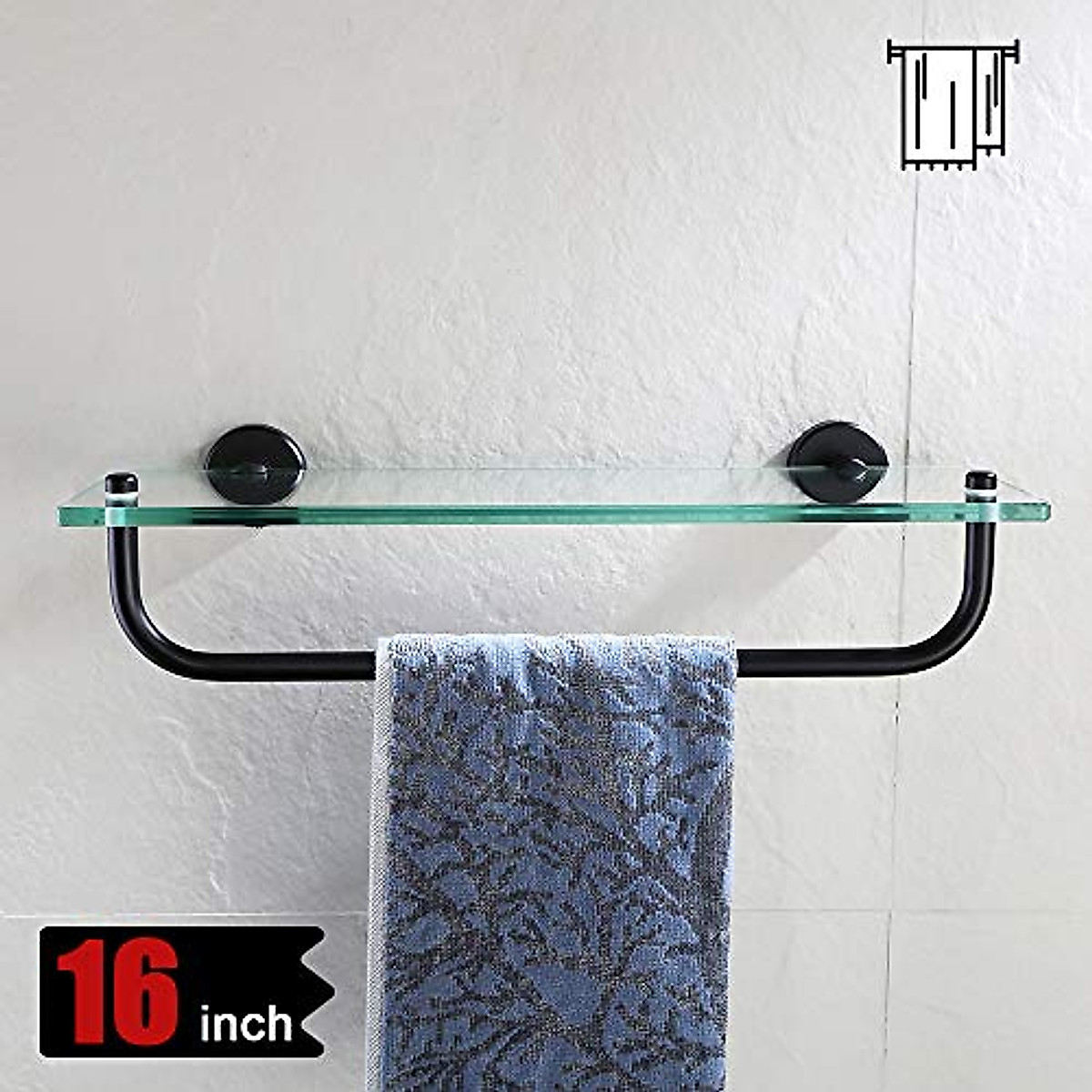 JQK Bathroom Glass Shelf, Shelf with 15 Inch Towel Bar Tempered Glass Shower Storage 16 by 5 inches, 304 Stainless Steel Matte Black Wall Mount, TGS100-PB