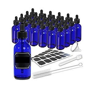 Nevlers 24 pack Blue 2 Oz Glass Dropper Bottles | The Cobalt Glass Bottles for Essential Oil Storage Includes Droppers, Funnel, Brush, and Marker with Labels to Mark Each One - Colored