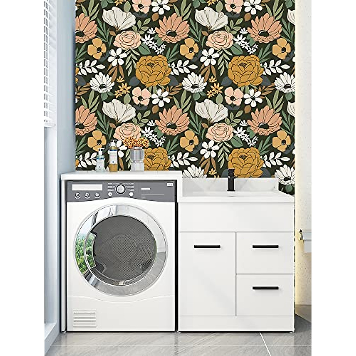 HAOKHOME 93217 Vintage Large Floral Peel and Stick Wallpaper Removable Daisy Leaf Black/Sand/Oliva Vinyl Self Adhesive Mural 17.7in x 9.8ft