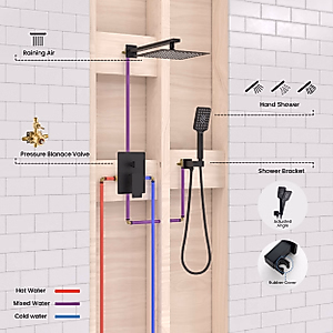 KIBI Cube Bathroom Shower System | 2-Function Wall Mounted Shower Faucet Set with Solid Brass Pressure Balanced Valve | Three Hand Shower Modes | 15-inch Long Shower Arm | Matte Black (KSF405)