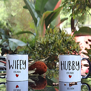 EST 2024 Husband Wife Mug Gift, Mr Mrs Mug Wedding Gift, Engagement Wedding Gift for Couple, Anniversary Valentine’s Day Mug Gift for Couples, Bride Groom Gift for Wedding(Black Handle)