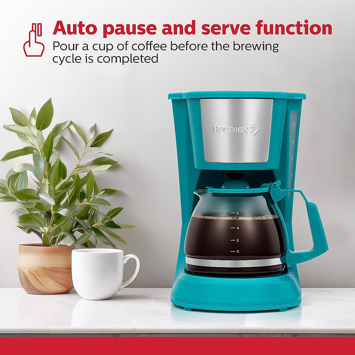 Holstein Housewares - 5-Cup Compact Coffee Maker, Teal - Convenient and User Friendly with Auto Pause and Serve Functions