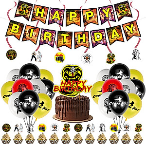 90Pcs Cobra Kai Birthday Party Supplies,Cobra Kai Swirls Party Decoration ,Cobra Kai Birthday Party Banner for Kids Teens Themed Birthday Party Decor Supplies
