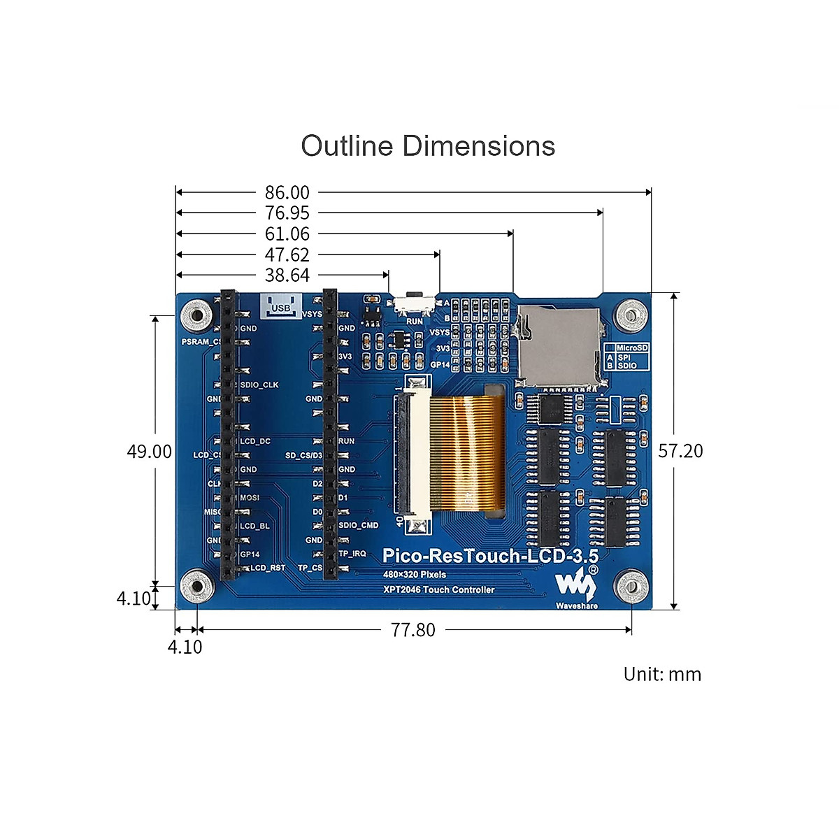 waveshare for Raspberry Pi Pico LCD 3.5inch Touch Display Module 480×320 Resolution 65K Colors Display IPS Screen,Resistive Touch Controller XPT2046, ILI9488 Driver, Using SPI Bus