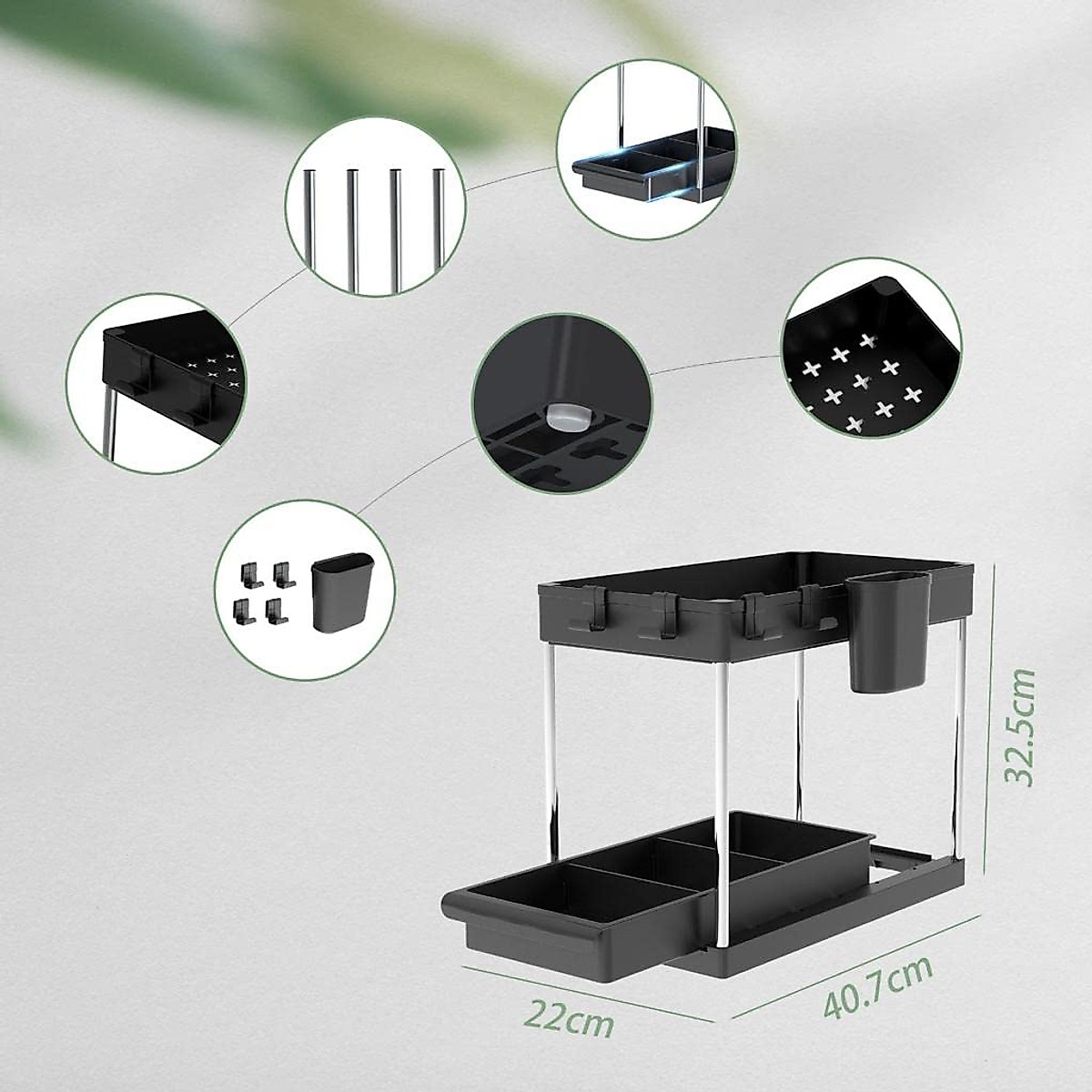 EZORG Under Sink Organizer Set of 2 Black for Storage - Kitchen, Pantry & Toilet with Movable Lower Rack for Easy Access