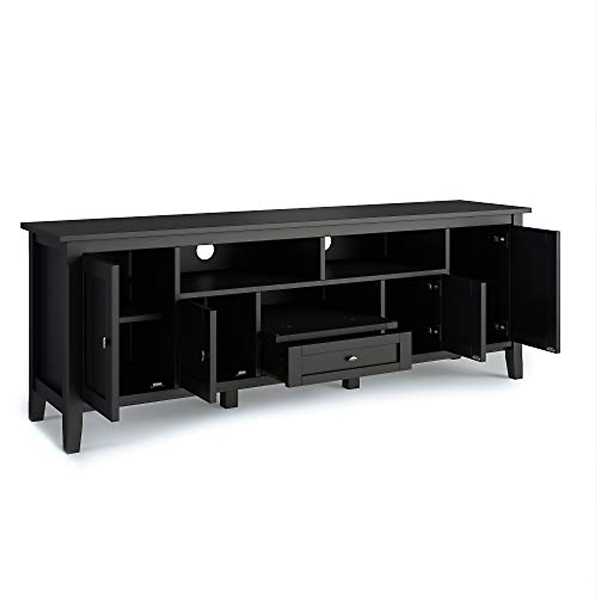 SIMPLIHOME Warm Shaker Style Solid Wood TV Media Stand, 72 inch Wide, Farmhouse Rustic, Living Room Entertainment Center, Storage Shelves and Cabinets, for Flat Screen TVs up to 80 inches in Black