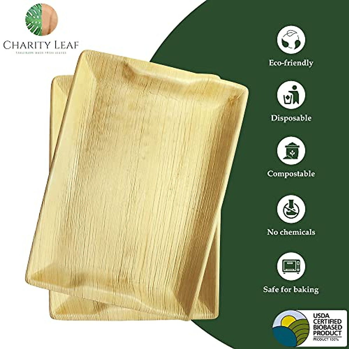 Charity Leaf Disposable Palm Leaf 14" x 10" Trays (10 pieces) Bamboo Like Serving Platters, Disposable Boards, Eco-Friendly Dinnerware For Weddings, Catering, Events