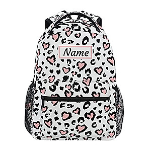 Leopard Print Pink Heart Custom School Backpack for Boys Girls, Personalized Name Elementary School Bookbag Travel Bag Daypack
