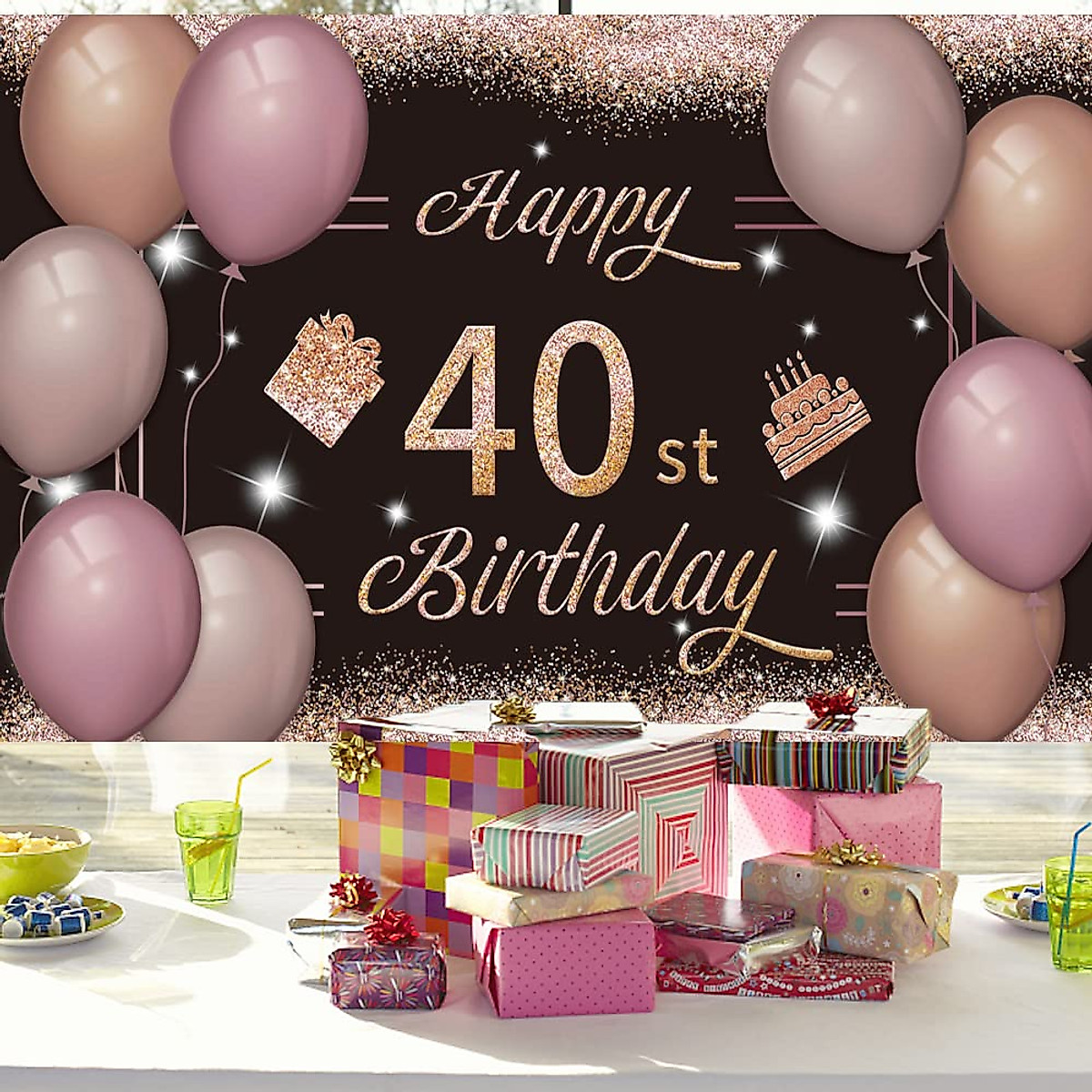 Happy 40st Birthday Backdrop Banner Black Pink 40th Sign Poster 40 Birthday Party Supplies for Anniversary Photo Booth Photography Background Birthday Party Decorations, 72.8 x 43.3 Inch