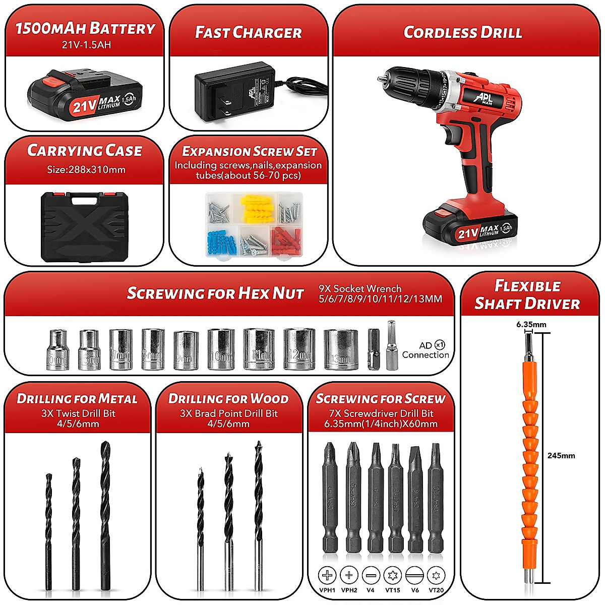 APLMAN Cordless Drill 21V with with Battery Electric Drill Kit 26pcs Accessories 3/8" Drill set All-Metal Chuck 25+1 Torque Setting,2 Variable Speed and LED